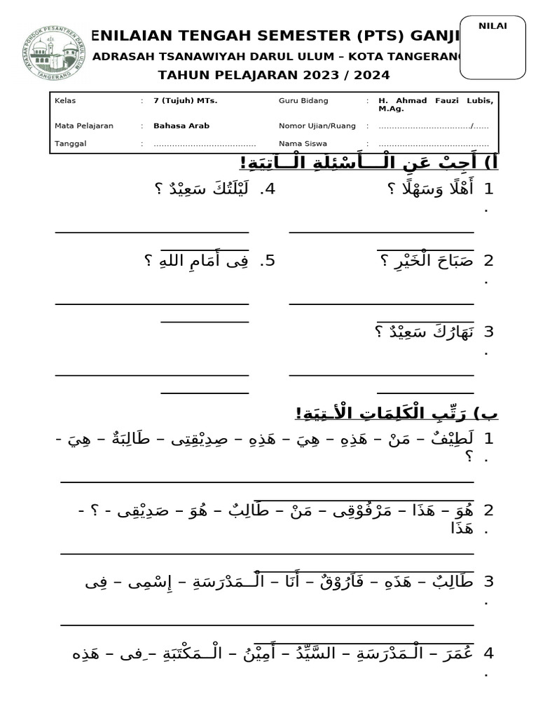 Soal Bahasa Arab PTS Ganjil TA 2023-2024 (Kelas 7 MTS) | PDF