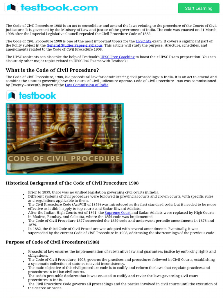 Code of Civil Procedure, 1908 - Purpose, Provisions & More - UPSC | PDF