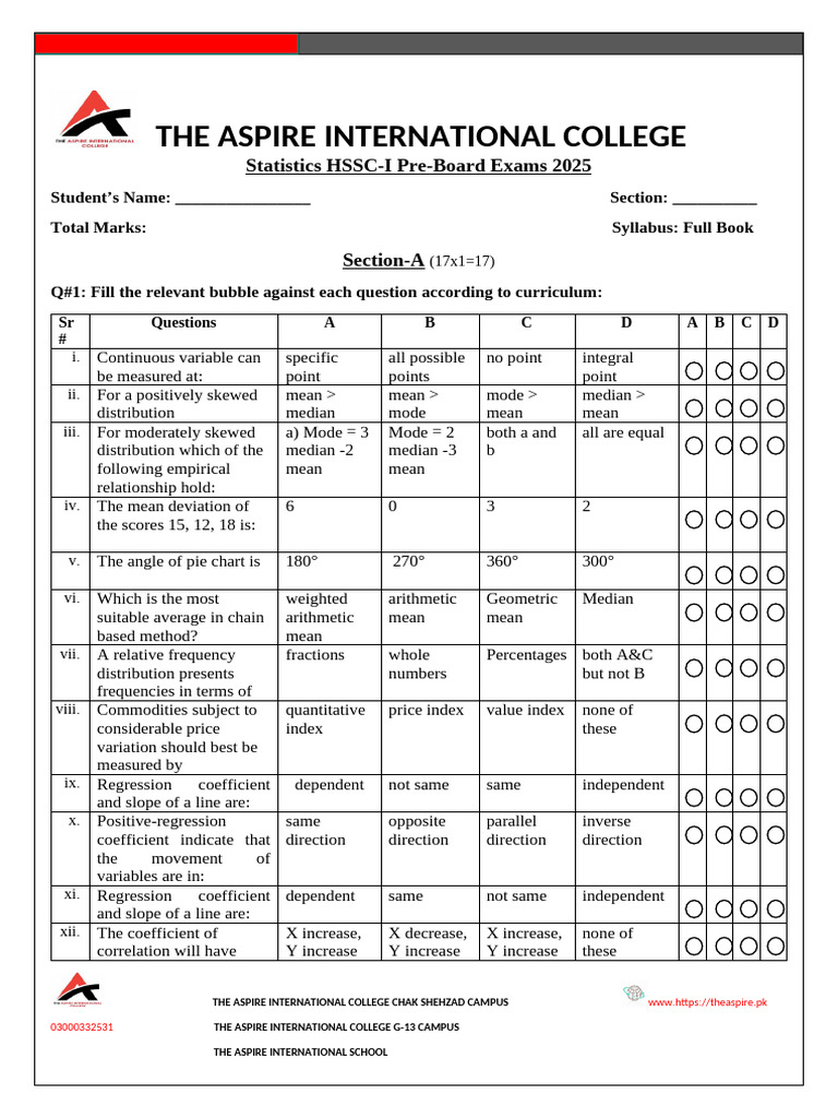 Statistics Class 11 Pre-Board 2025 Exam | PDF | Cost Of Living | Mean