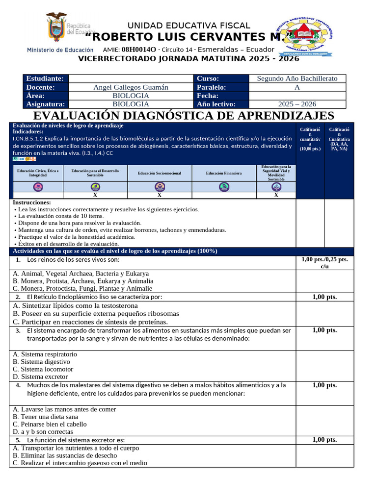 Eval Diagnóstica de 2do Bachi | PDF | Proteínas | Carbohidratos