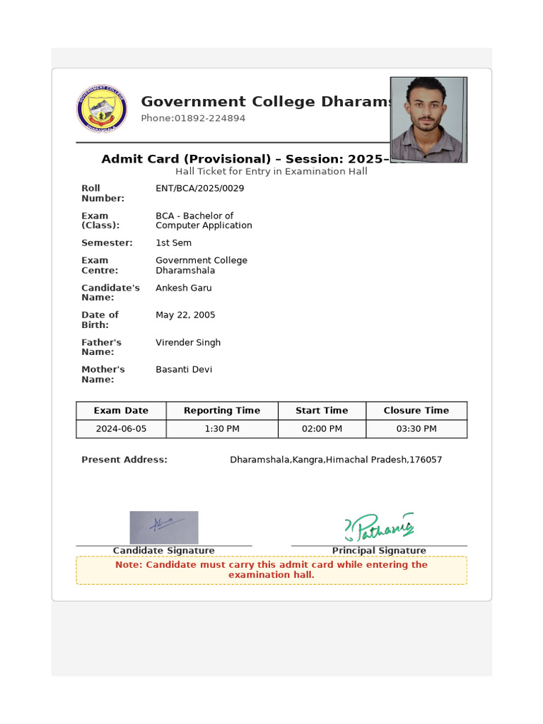 BCA Admit Card for Dharamshala 2025-26 | PDF