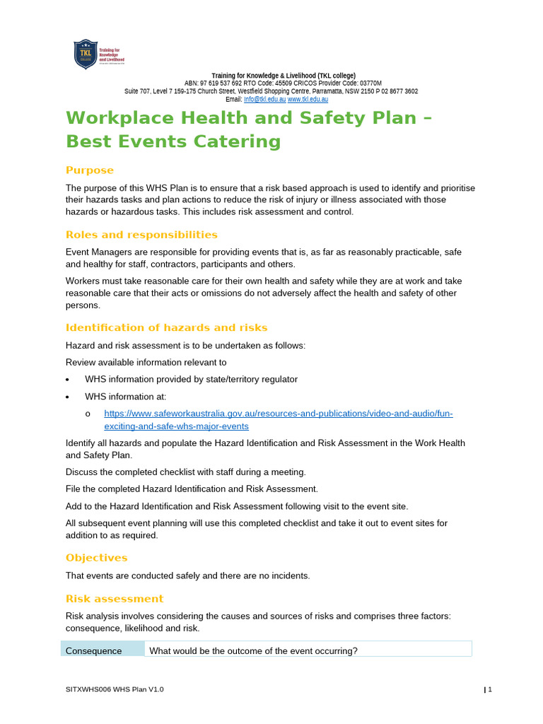 SITXWHS006 WHS Plan | PDF | Occupational Safety And Health | Risk
