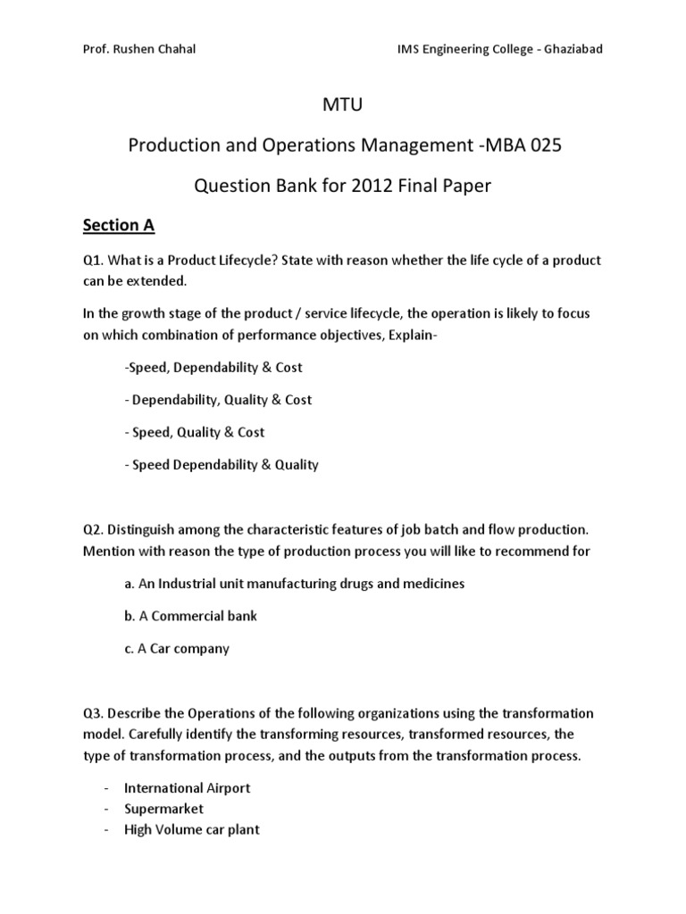 Final Question Paper - Question Bank - Production and Operations ...