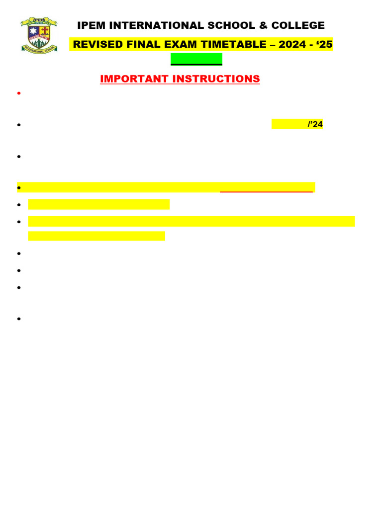 Class 8 Final Exam Timetable 2024-25 | PDF