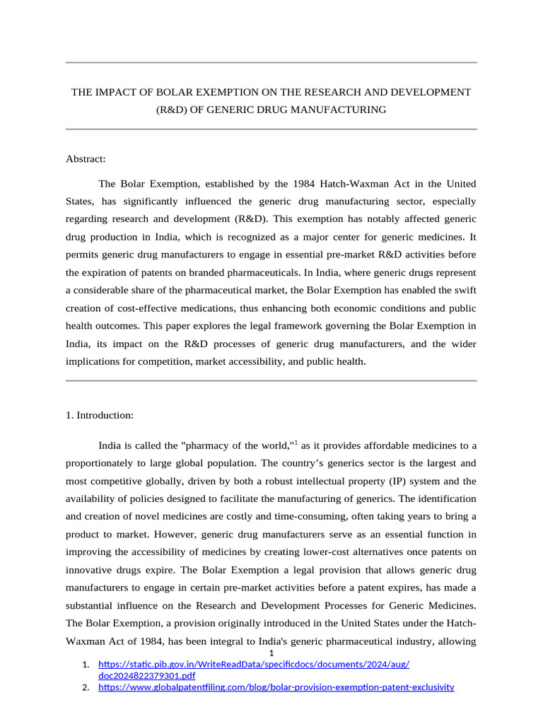 THE IMPACT OF BOLAR EXEMPTION ON THE RESEARCH AND DEVELOPMENT Final | PDF | Generic Drug | Trips ...