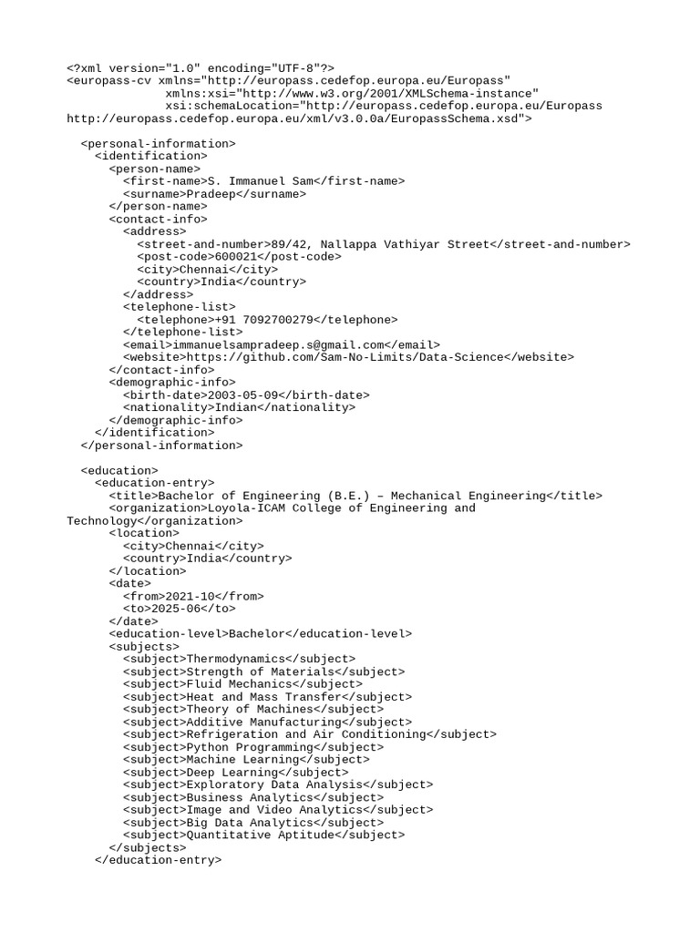 Europass CV S Immanuel Sam Pradeep | PDF | Machine Learning | Data Analysis