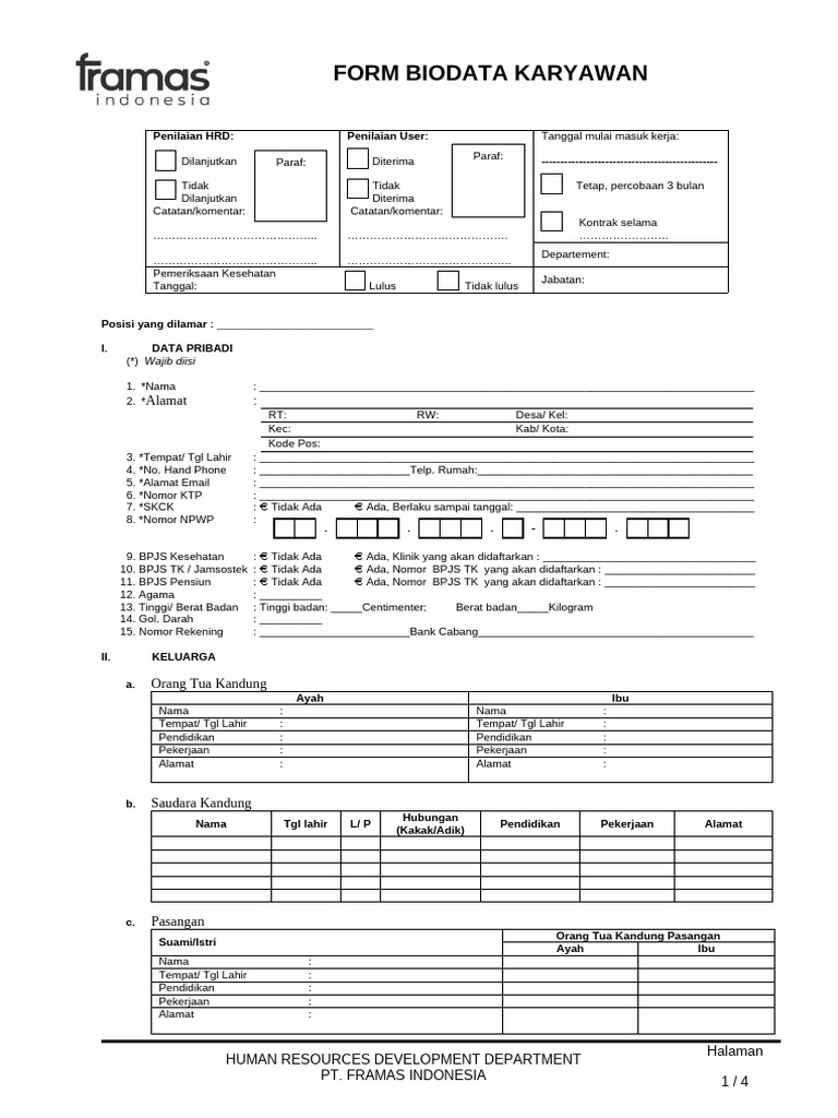 Form Biodata Karyawan | PDF