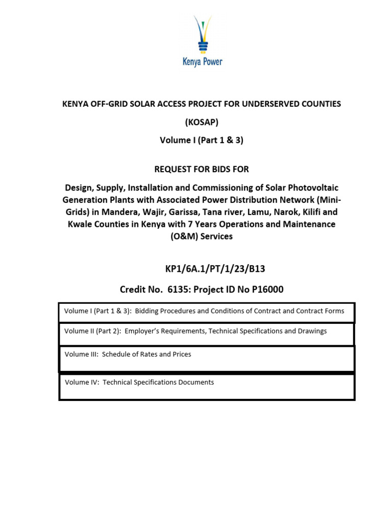 Volume I Bidding Procedures and Contract Forms Minigrids Kosap KPLC ...
