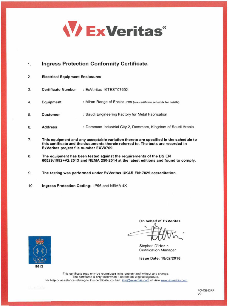 Nema 4x Ip66 Cert. 16test0769x | PDF