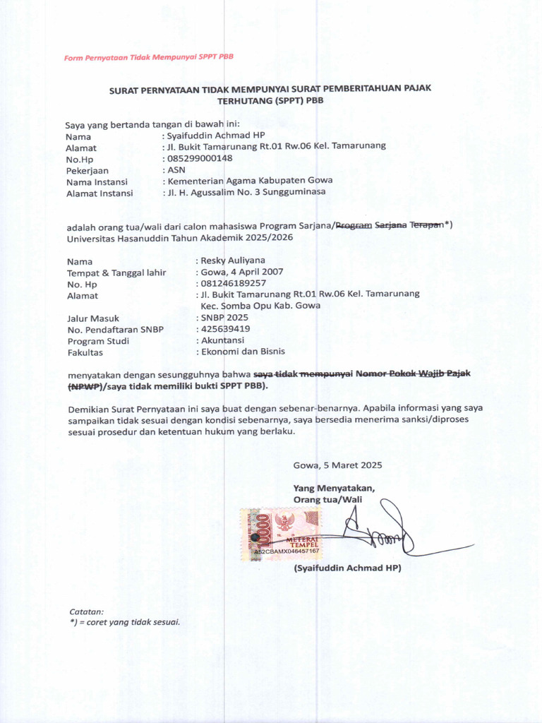 Surat Pernyataan Tidak Memeiliki SPPT | PDF