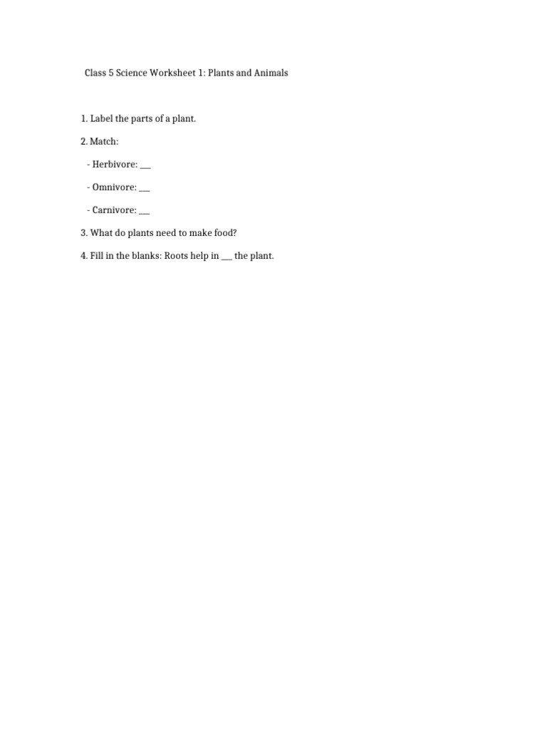 Class 5 Science: Plants & Animals Worksheet | PDF