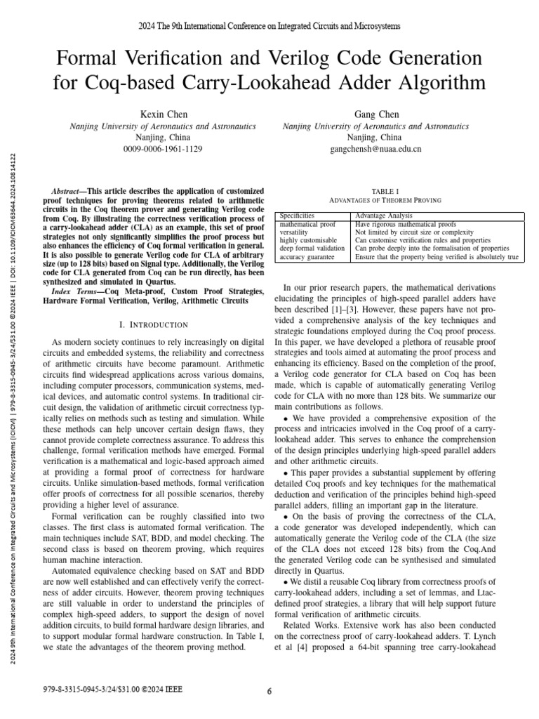 Formal Verification and Verilog Code Generation For Coq-Based Carry-Lookahead Adder Algorithm ...