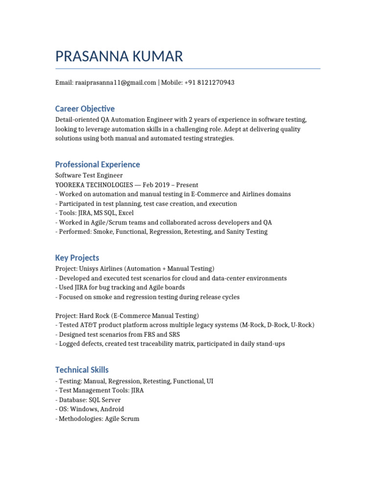 Prasanna Kumar Experienced Resume | PDF