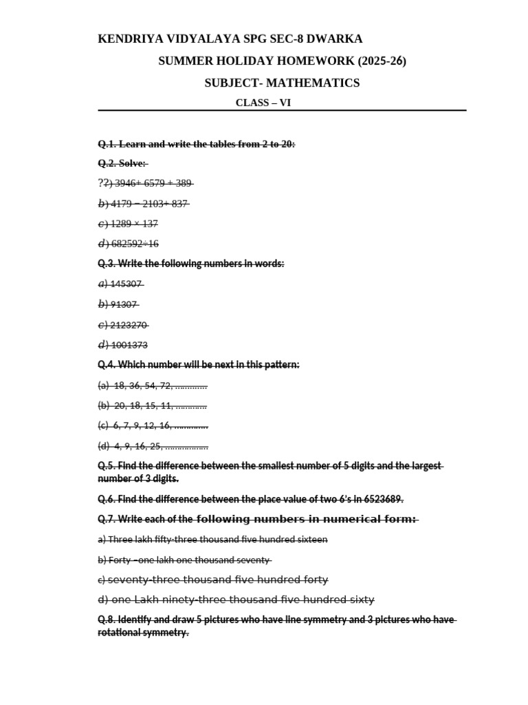 6th-Summer Vacation Homework | PDF