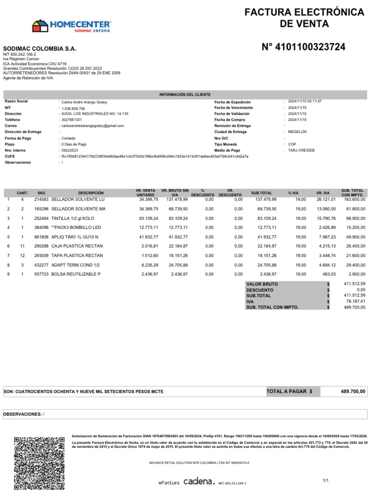 Factura - Electrónica - 4101100323724 744689u | PDF | Pagos | Servicios ...