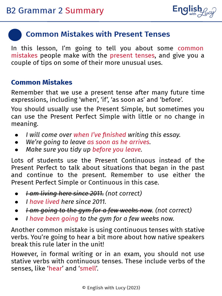 (B2) Grammar 2 PDF Summary - Common Mistakes With Present Tenses | PDF ...