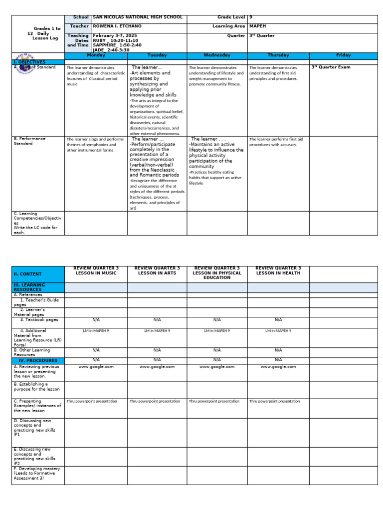 3rd Quarter Dll. Mapeh 9 | PDF | Learning | Intelligence