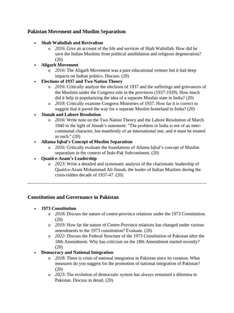 Pakistan Affairs Css Past Papers | PDF | Two Nation Theory | Muhammad ...