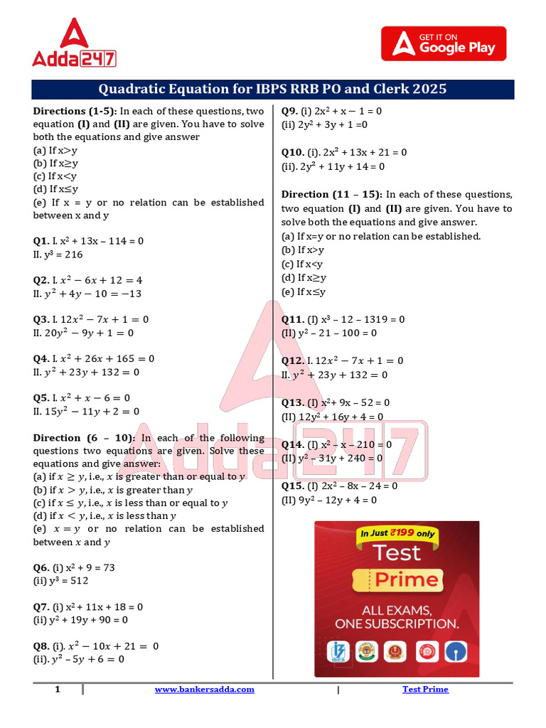 Quadratic Equation For IBPS RRB 2025 - 10485 | PDF | Elementary ...