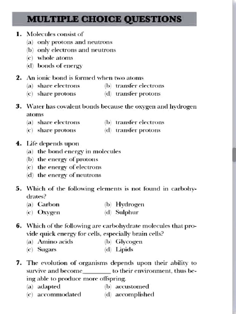 MCQ Test on Living vs Non-Living Things | PDF | Chemical Bond | Molecules