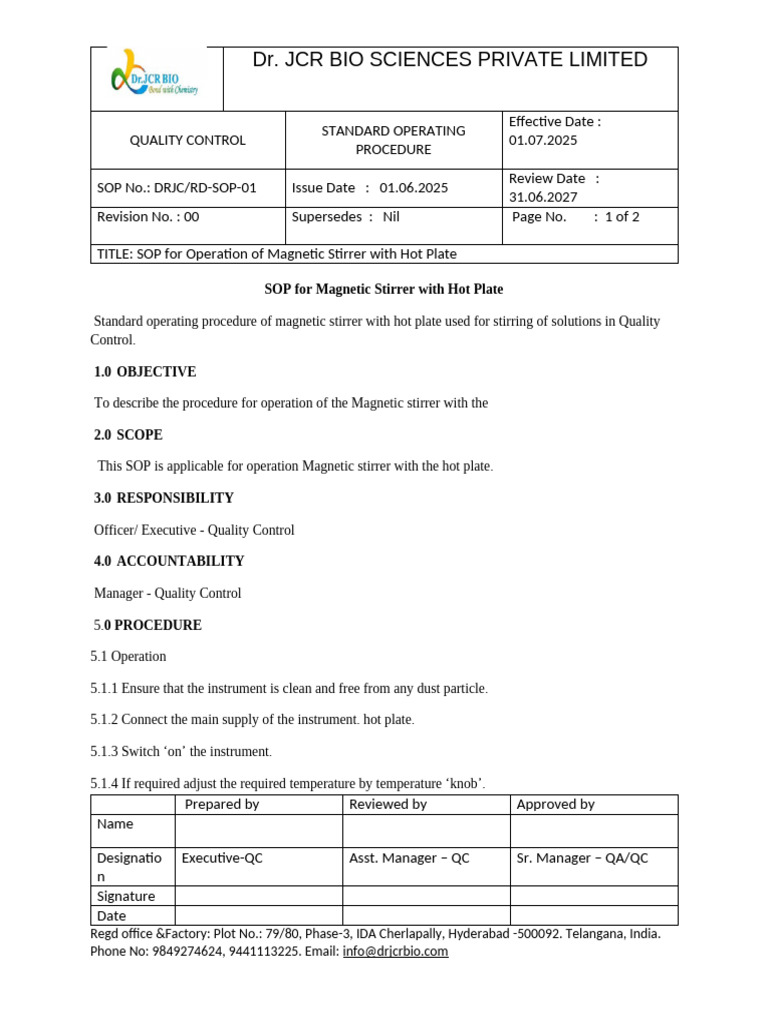 SOP for Magnetic Stirrer with Hot Plate | PDF | Equipment