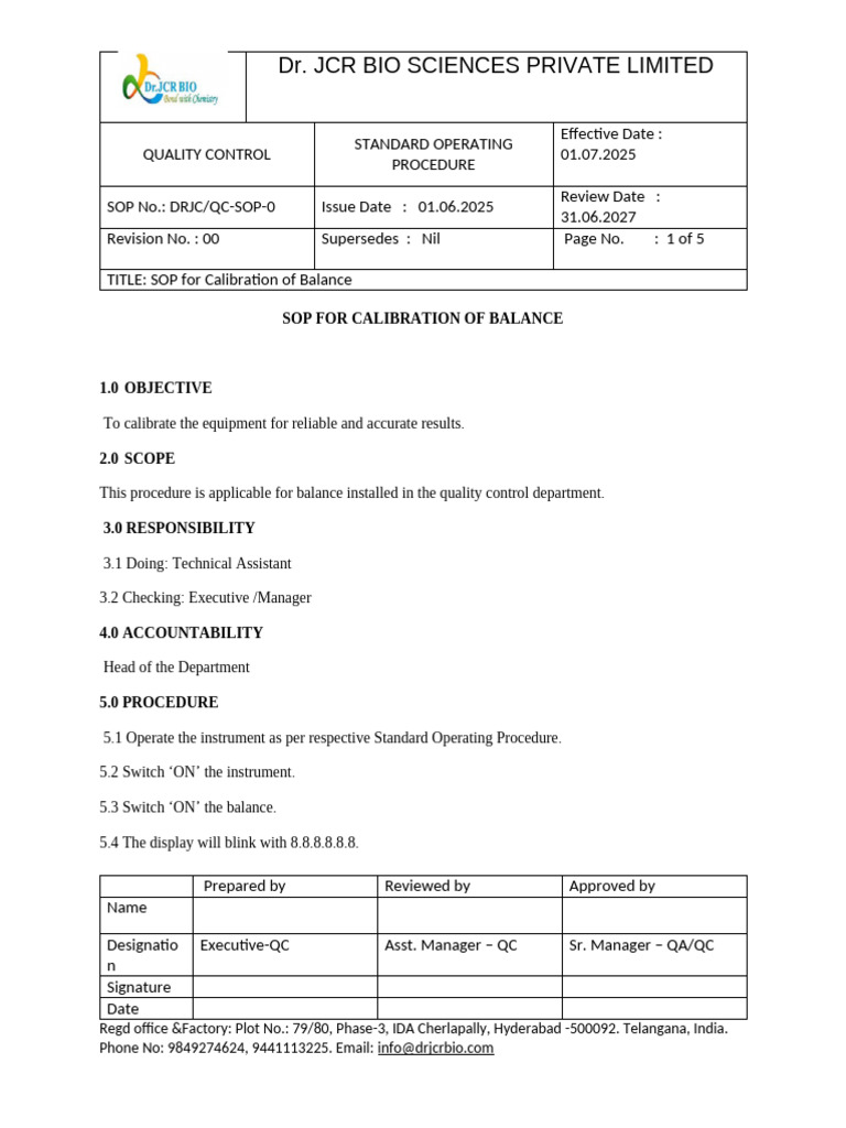 Balance Calibration SOP for QC | PDF | Calibration | Weight