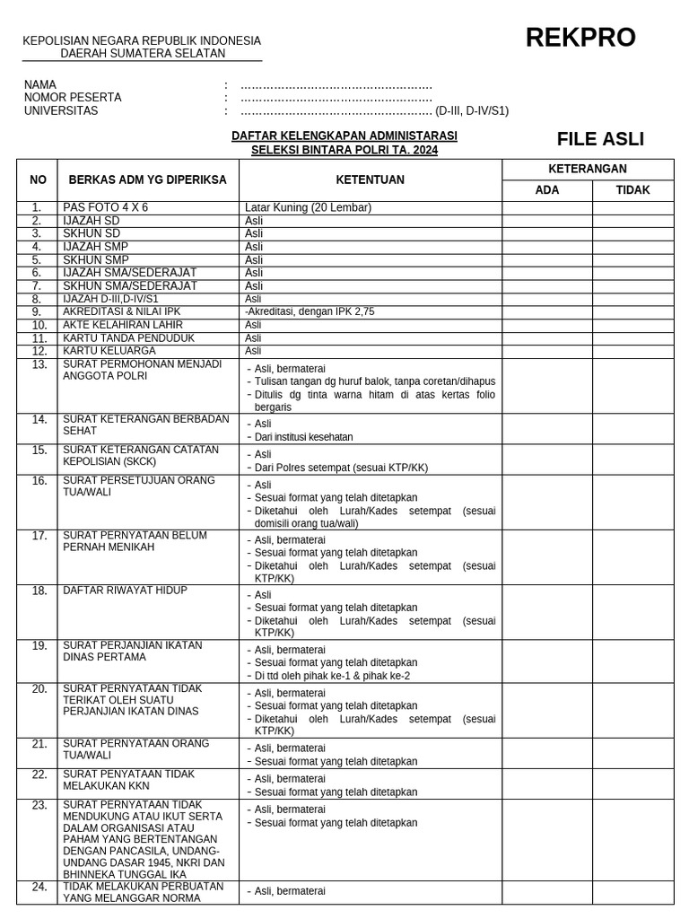 Ceklis Persyaratan Bintara Rekpro Gel 2 Ta 2024 | PDF