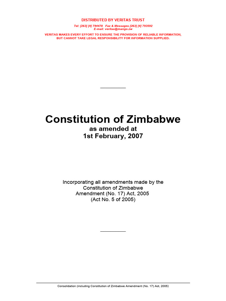 Zimbabwe Constitution Consolidation 2007 | PDF | Speaker (Politics ...