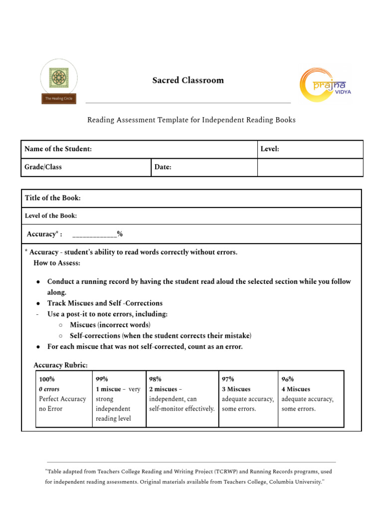 Reading Assessment Template For Independent Reading Books - Template ...