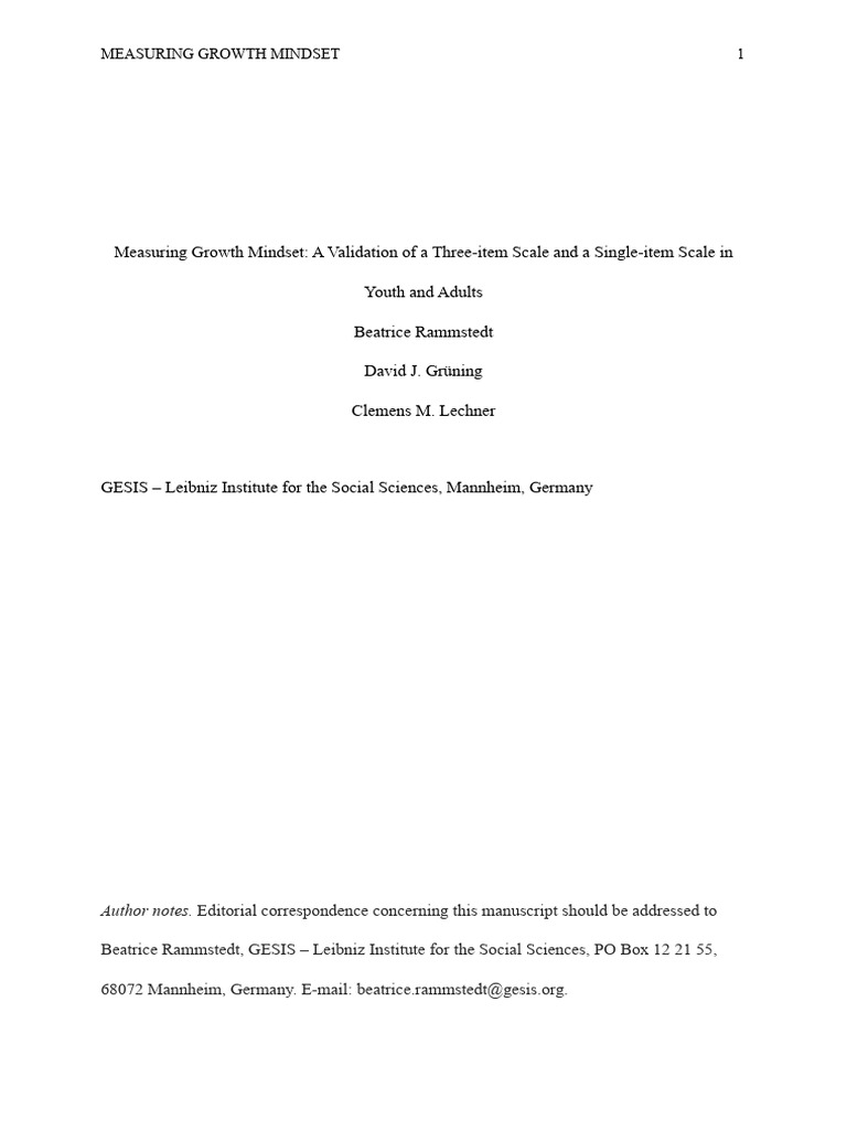 Measuring Growth Mindset 1: Author Notes | PDF | Mindset | Survey ...