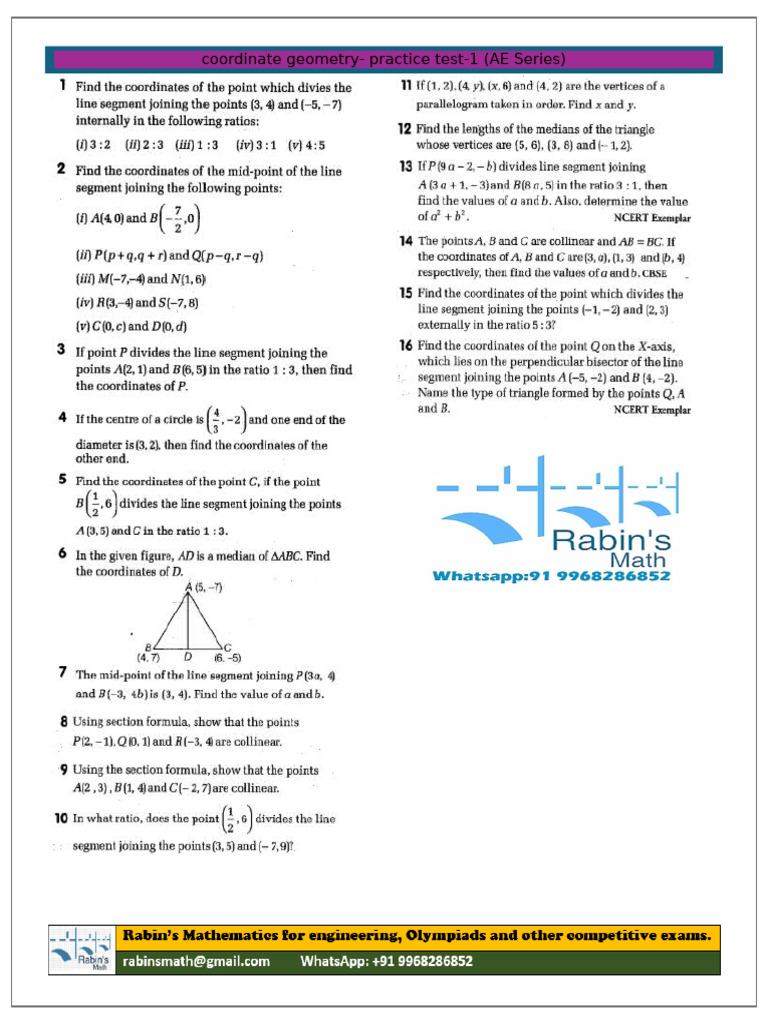 Coordinate Geometry - Practice Test-3 (AE Series) | PDF