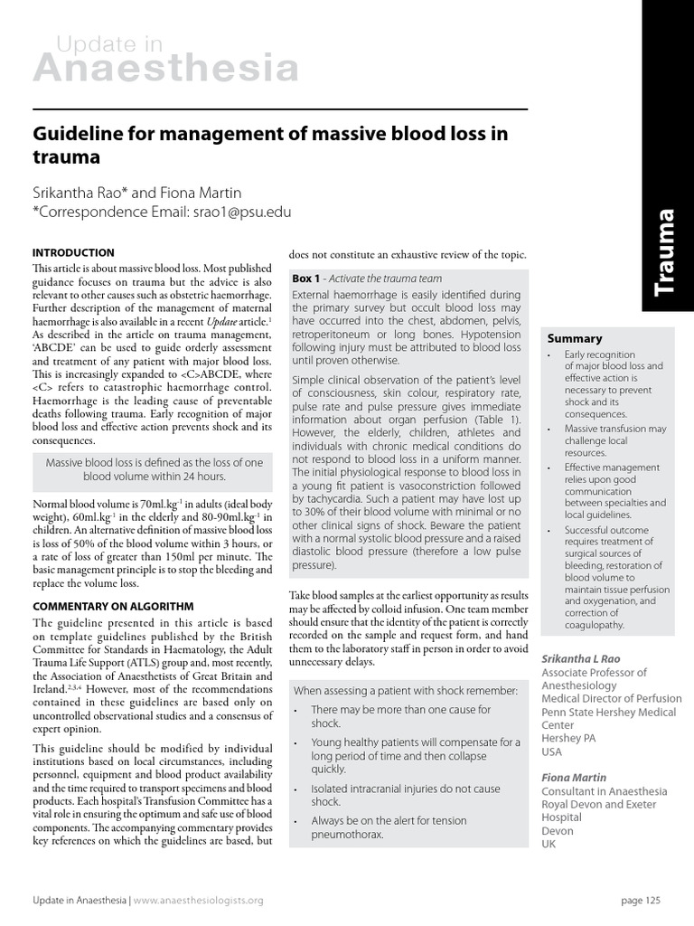 Managing Massive Blood Loss in Trauma | PDF | Bleeding | Coagulation