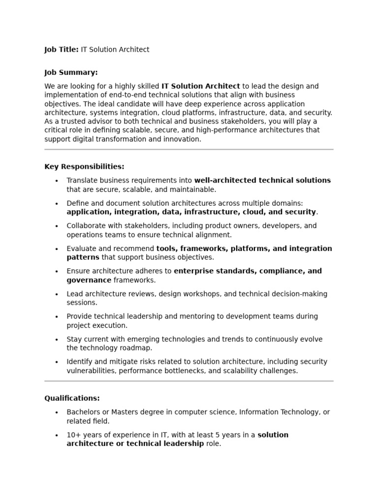 IT Solution Architect Job Overview | PDF | Cloud Computing | Computer ...
