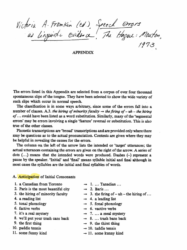 Speech Errors As Linguistic Evidence | PDF