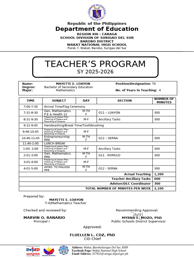 Teachers Class Program SY 2025 2026 | PDF