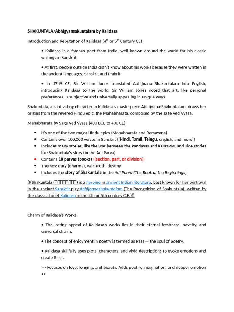 Shakuntala: Kalidasa's Timeless Heroine | PDF | Mahabharata | Sanskrit