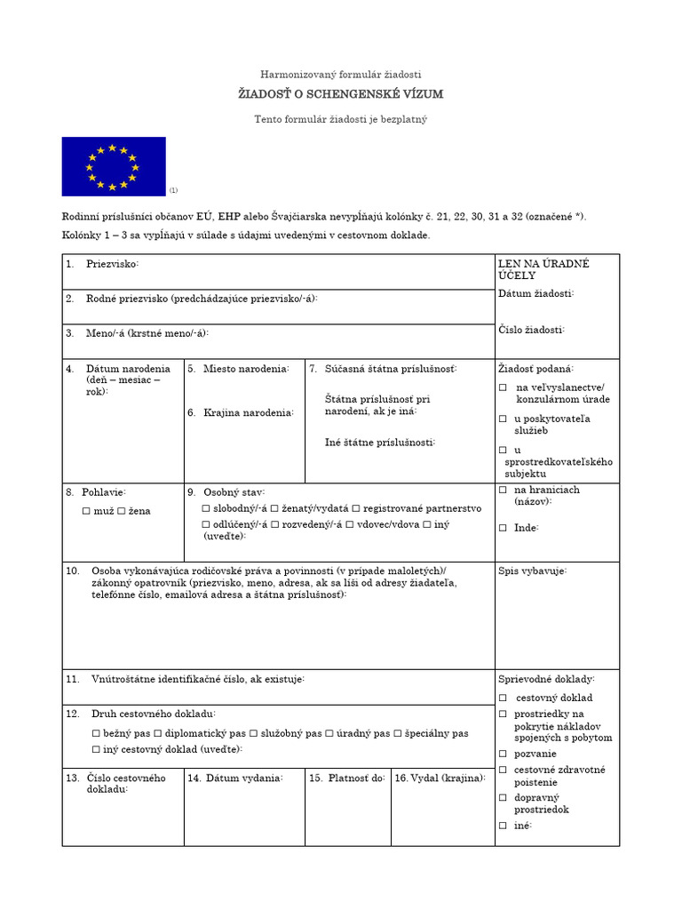 001 Žiadosť o Schengenské Vízum SK 2020 | PDF