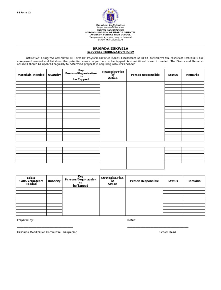 BE Form 3 RESOURCE MOBILIZATION FORM 1 | PDF