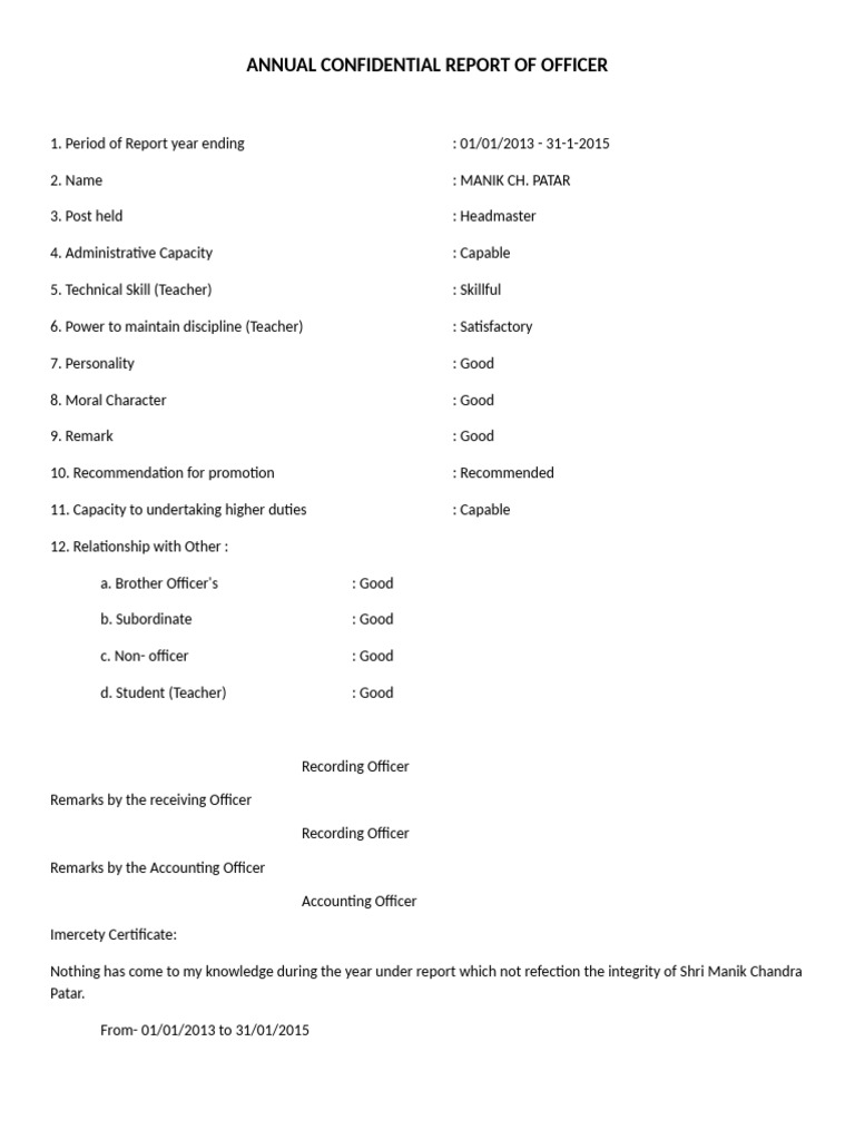 Annual Confidential Report: Manik Patar | PDF
