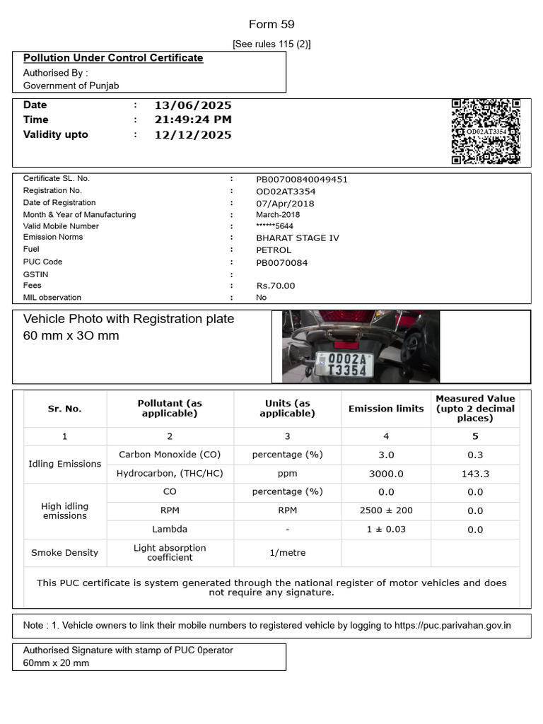 Vehicle Photo With Registration Plate 60 MM X 3O MM: Form 59 | PDF | Exhaust Gas | Air Pollution