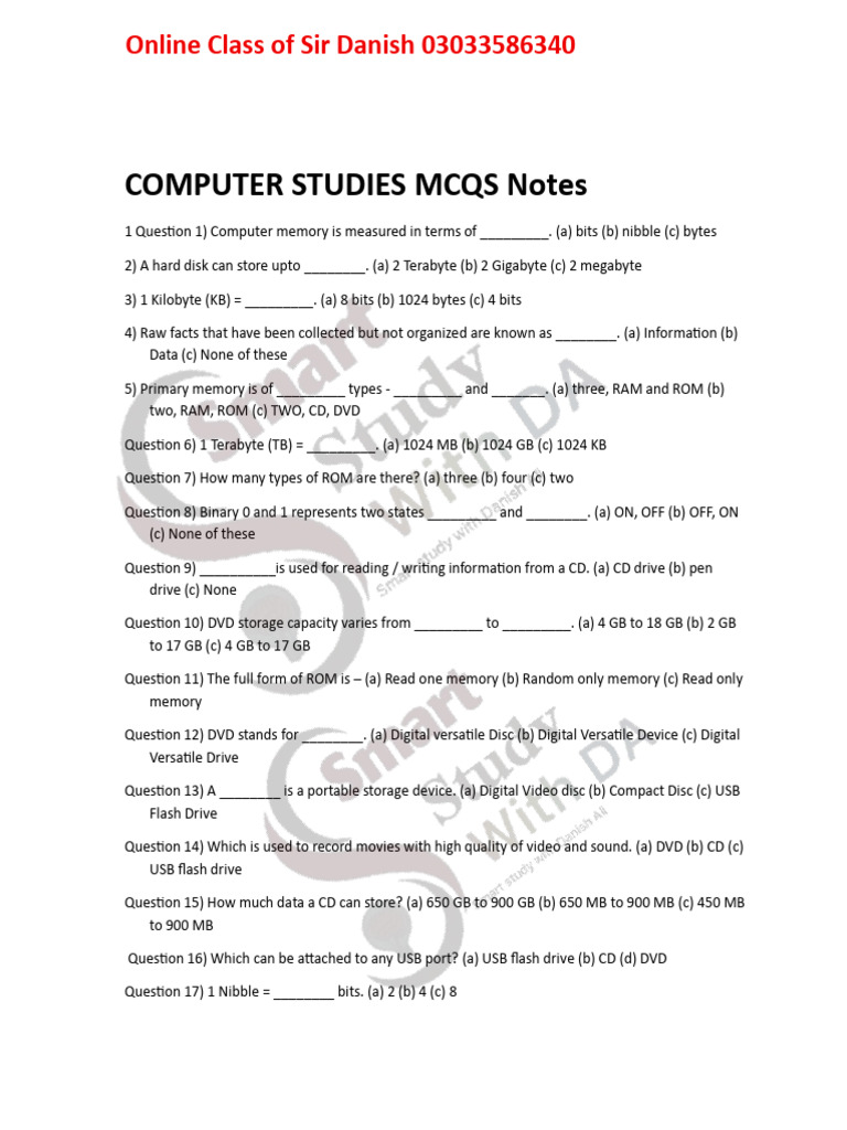 Computer Studies MCQs and Answers | PDF | Byte | Usb Flash Drive