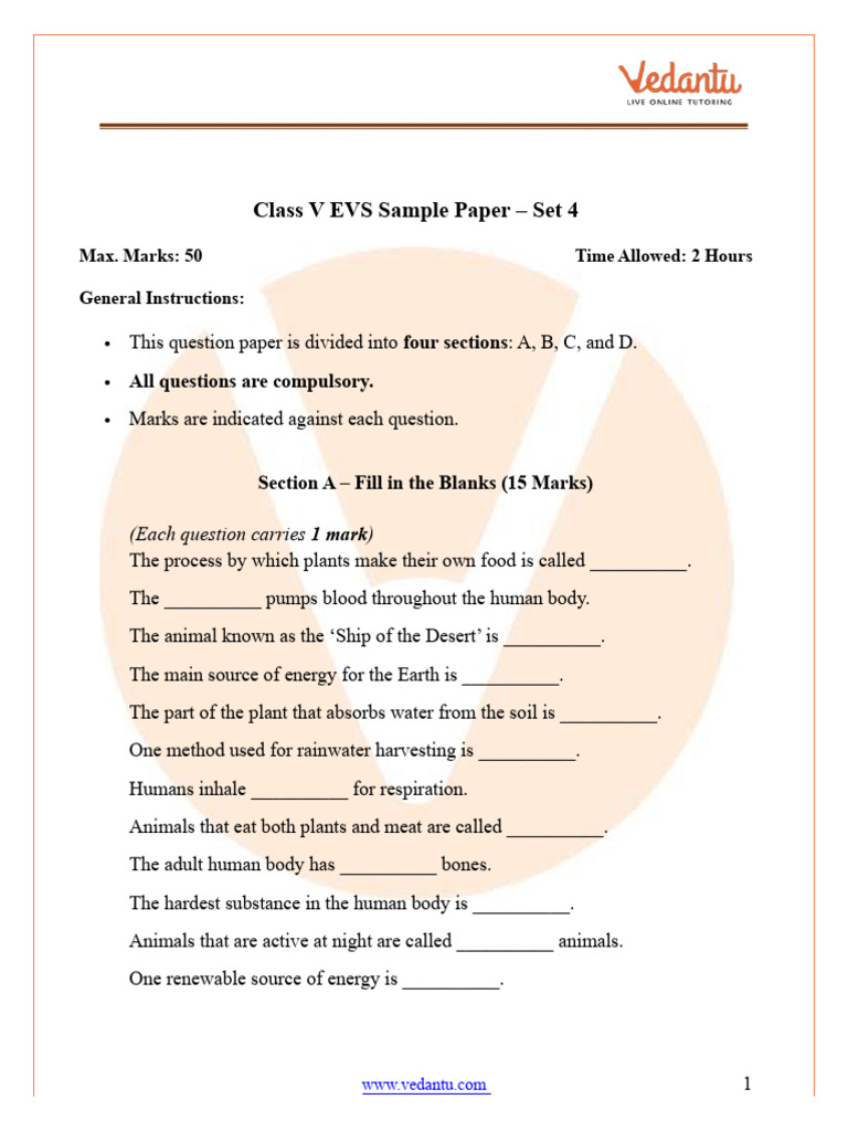 CBSE Class 5 EVS Sample Paper Set 4 With Solutions- FREE PDF (1) | PDF | Soil | Habitat