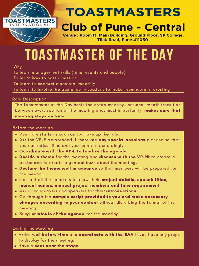Toastmaster of The Day - Guidelines | PDF | Blog