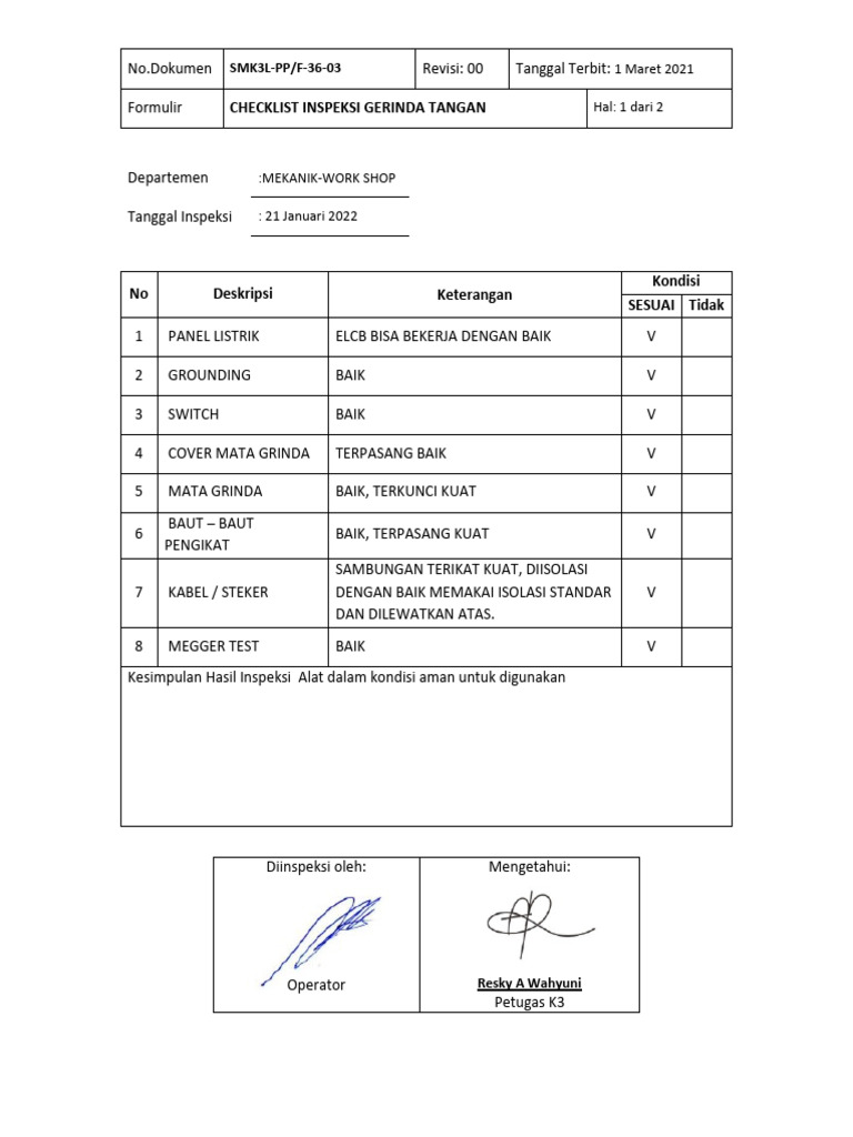 Checklist Inspeksi Gerinda Tangan | PDF