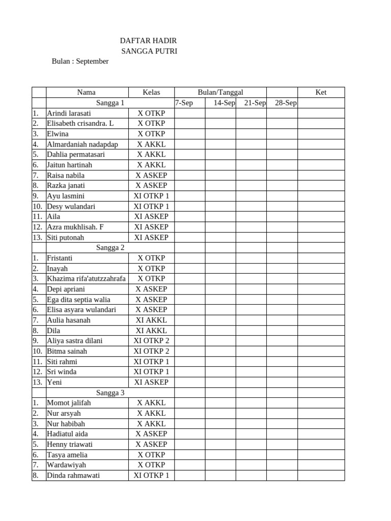 Absensi Sangga Putri September New | PDF