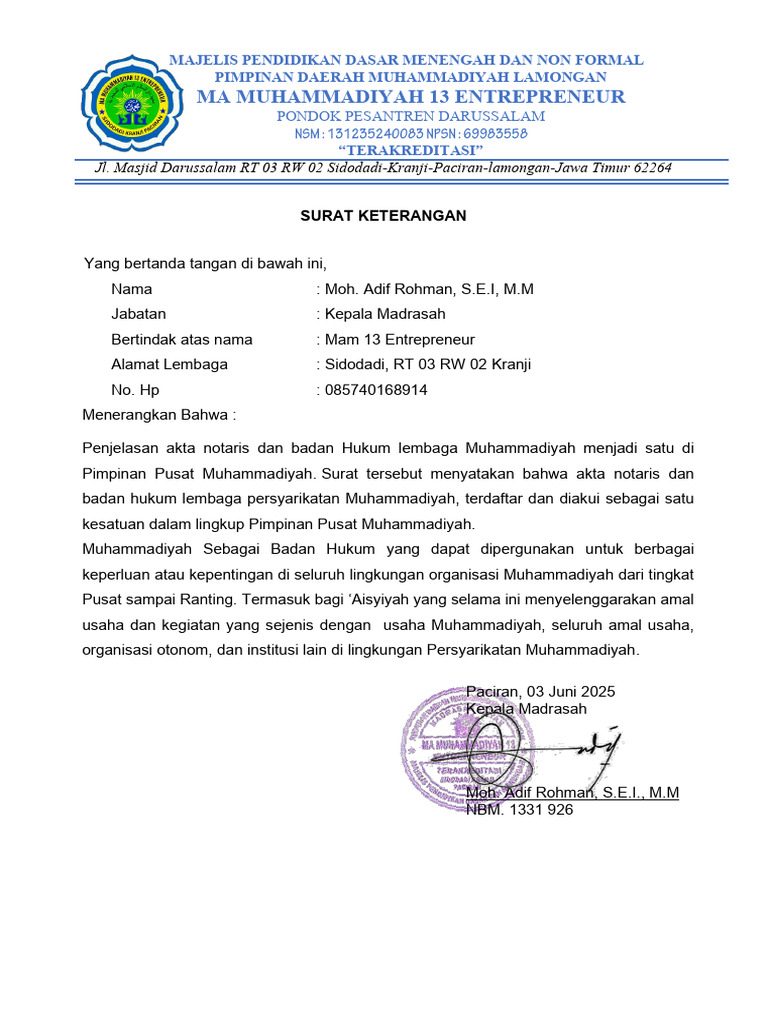 Surat Ketengan Penjelasan Akte Notaris Dan Badan Hukum Lembaga | PDF