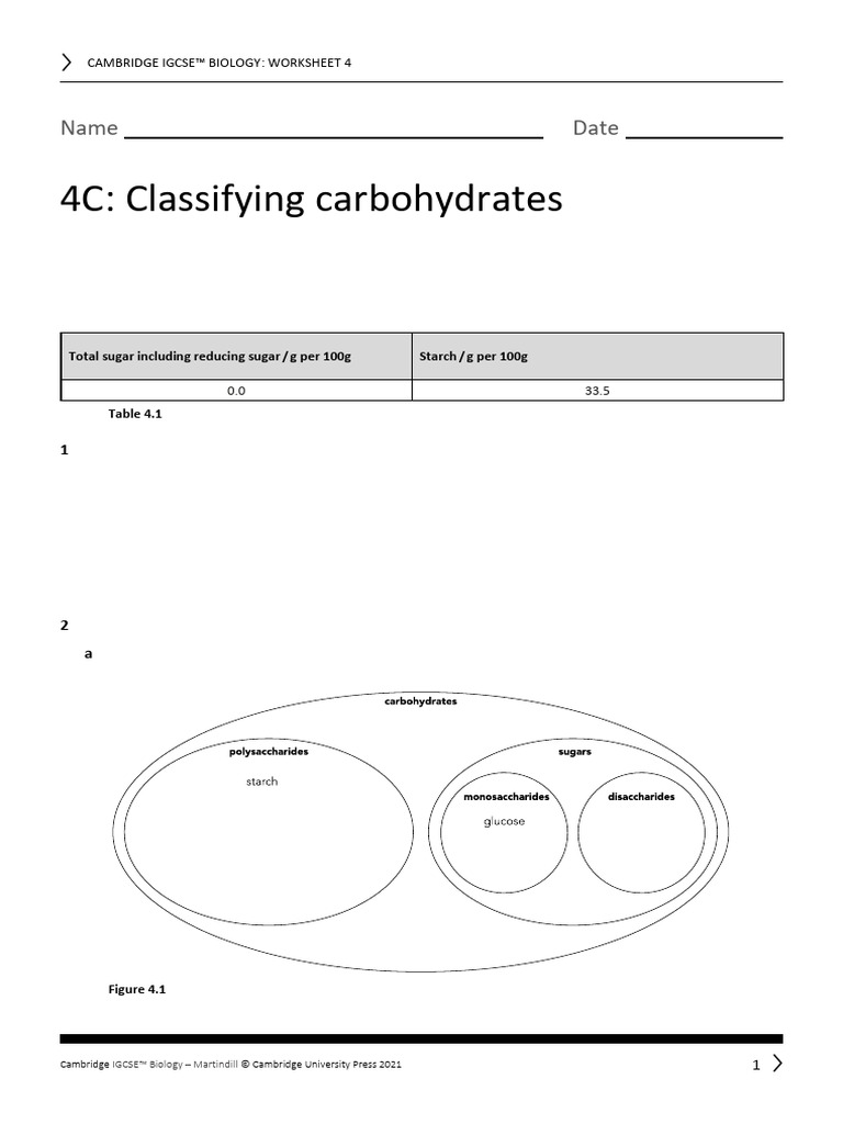 Igcse Biology 4ed TR Ws 4c | PDF | Carbohydrates | Glucose