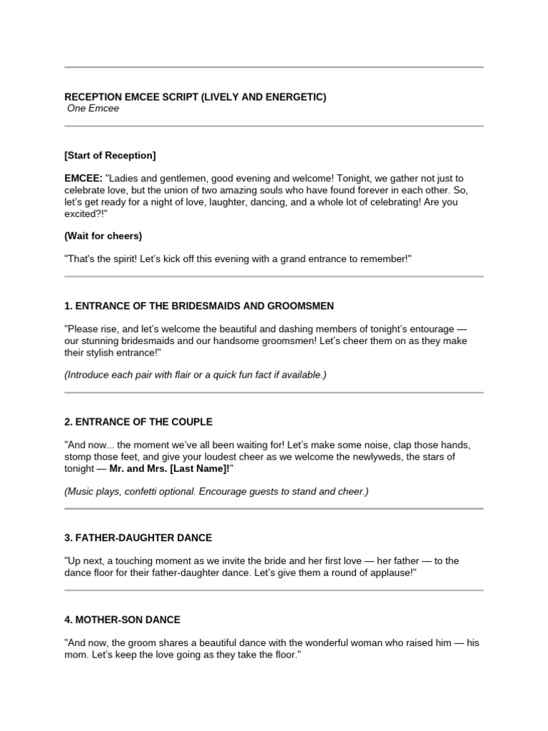 Reception Emcee Script (Lively and Energetic) | PDF | Wedding | Fashion ...