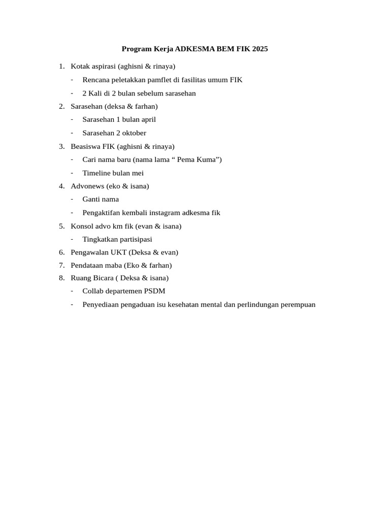 Program Kerja Adkesma Bem Fik 2025 | PDF