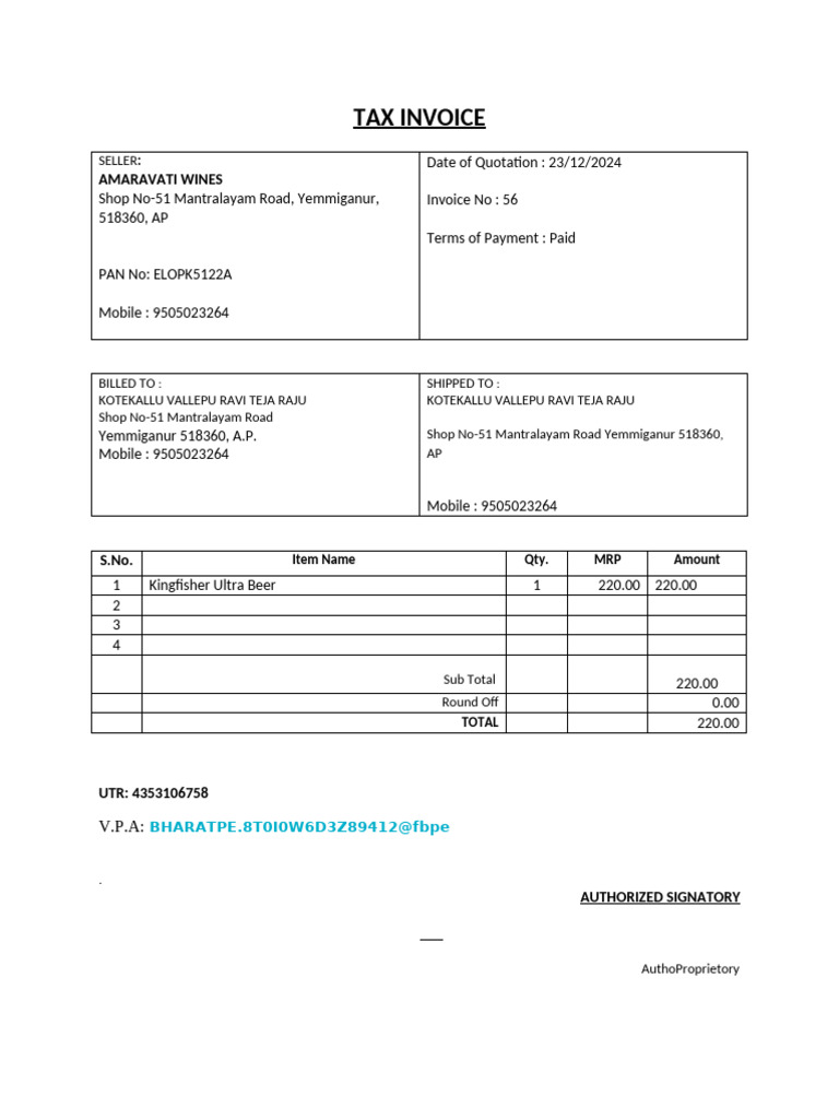 Tax Invoice: Amaravati Wines | PDF